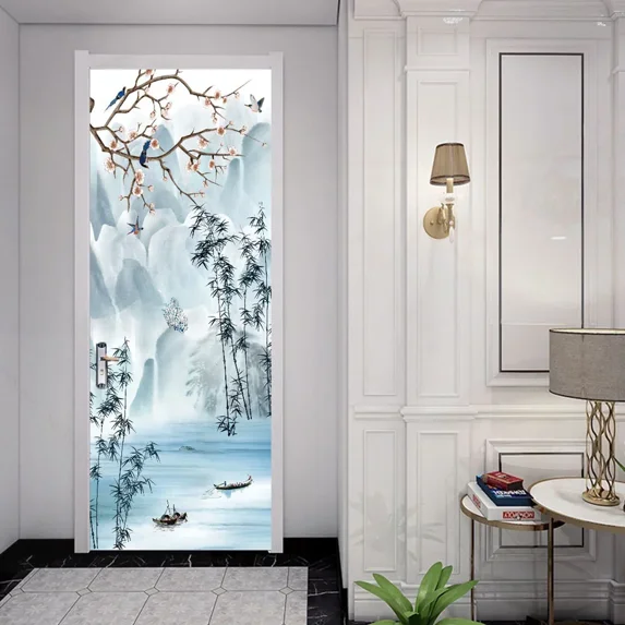 Chinese Landscape Painting Door Stickers Wallpaper Ink Art Doors Murals ...