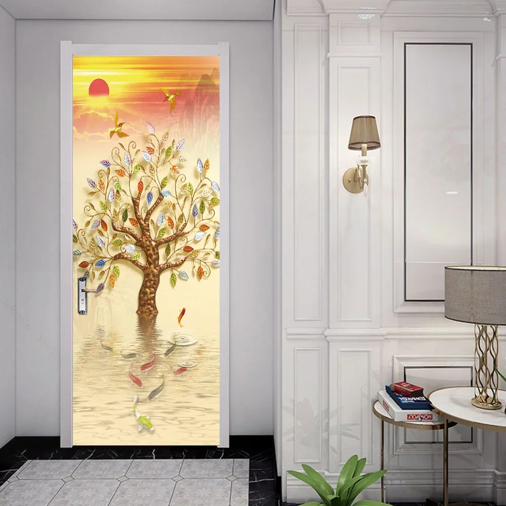 Chinese Landscape Painting Door Stickers Wallpaper Ink Art Doors Murals ...