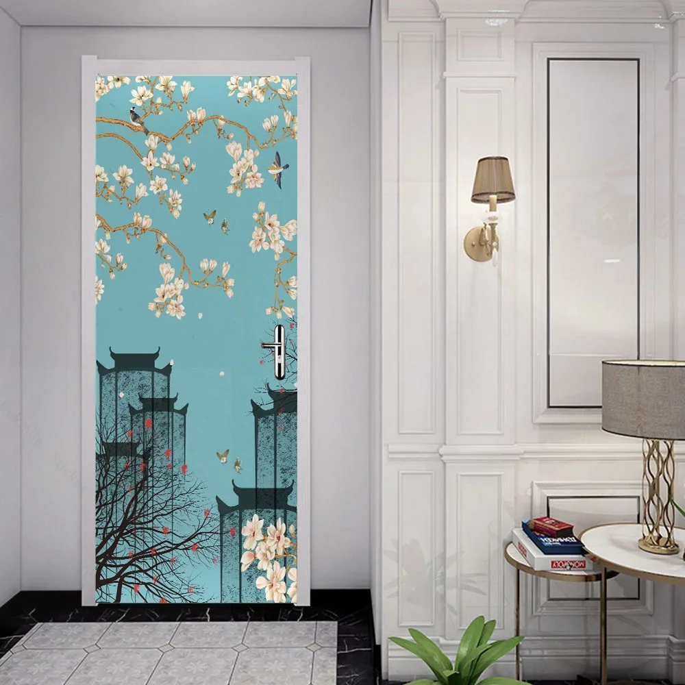 Chinese Landscape Painting Door Stickers Wallpaper Ink Art Doors Murals ...