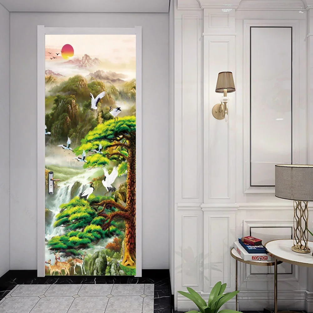Chinese Landscape Painting Door Stickers Wallpaper Ink Art Doors Murals ...