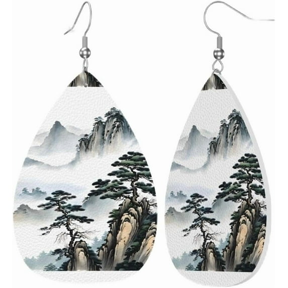 Chinese Landscape Painting Leather Earrings, Light And Bright Colors ...
