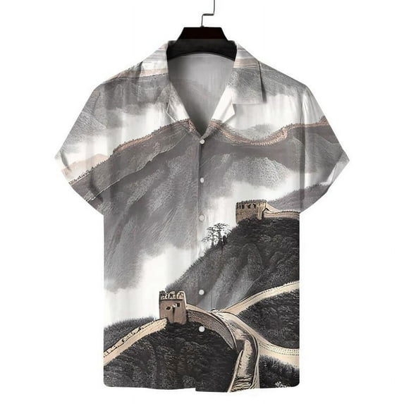 Chinese Landscape Painting Shirt 3d Printed The Great Wall Lake Lapel ...
