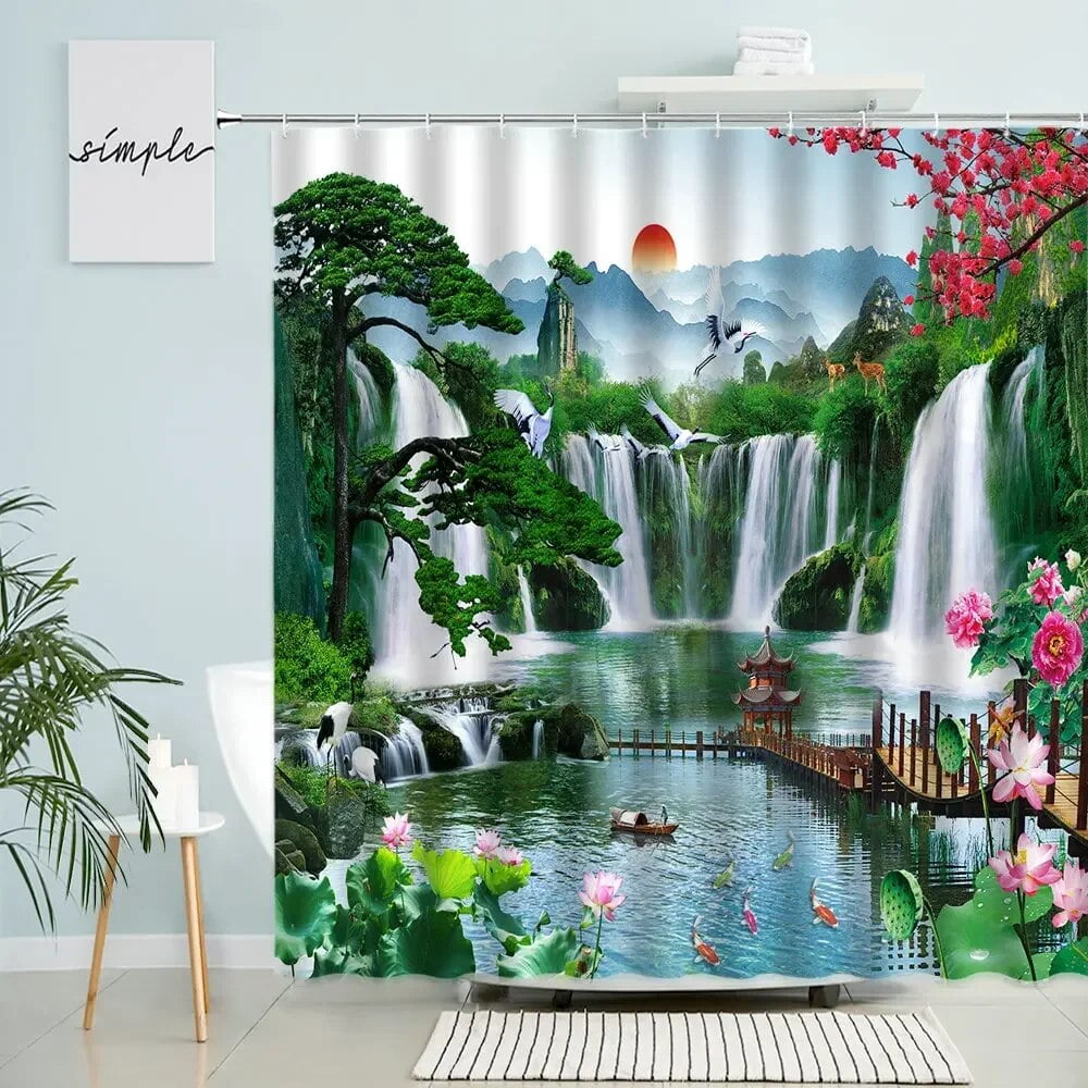 Chinese Landscape Shower Curtain Forest Park Waterfall Lake Lotus ...