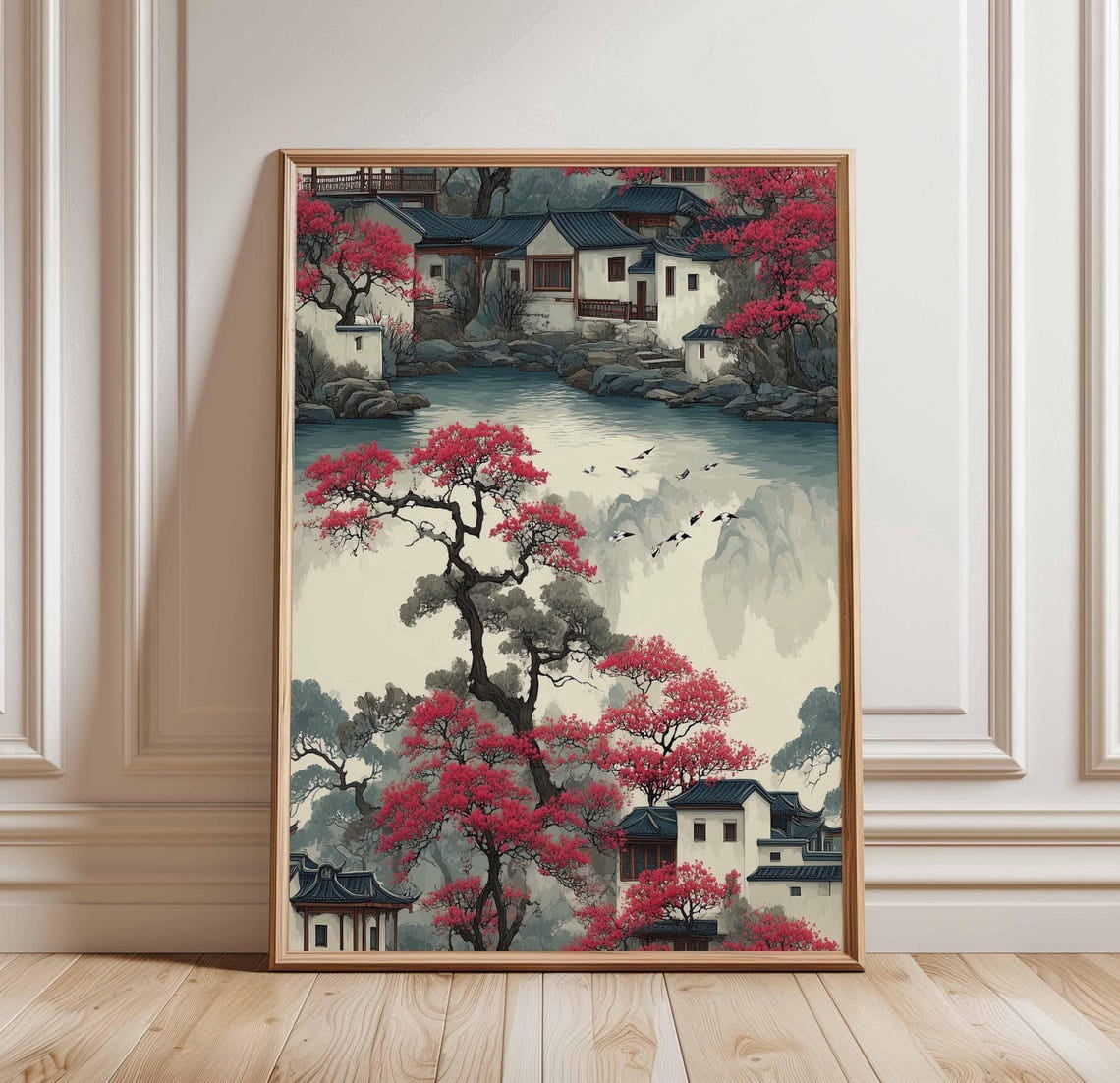 Chinese Landscape Traditional Art Serene Village Red Trees Mountain ...