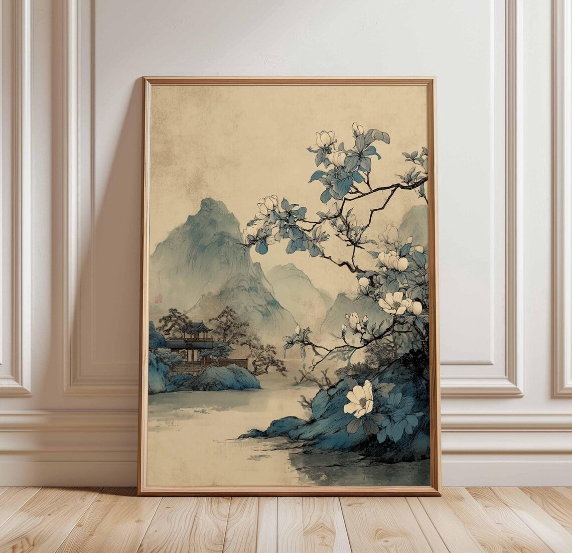 Chinese Landscape Vintage Mountain Magnolia Tree Traditional Art ...