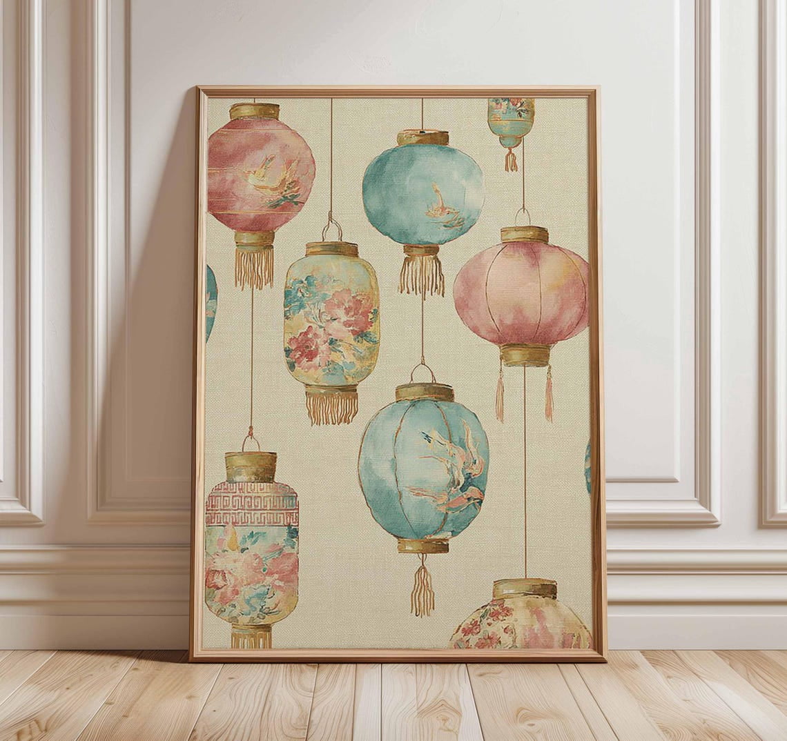 Chinese Lantern Wall Art Asian Decor Poster Vintage Boho Illustration ...