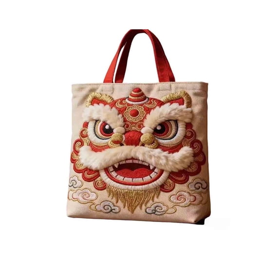 Chinese Lion Dance Embroidered Drawstring Backpack Nylon Spandex Red ...