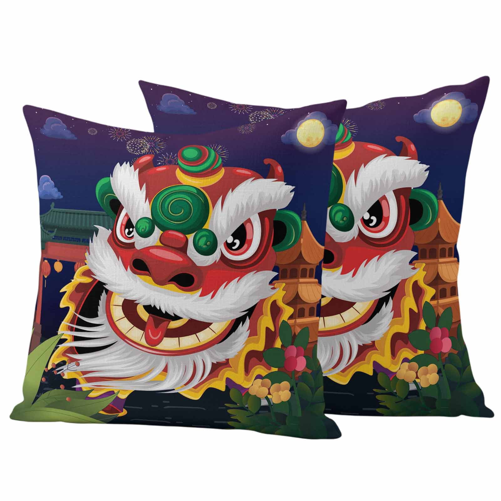 Chinese Lion Dance Outdoor Waterproof Pillow Covers, Rustic Chinese New ...