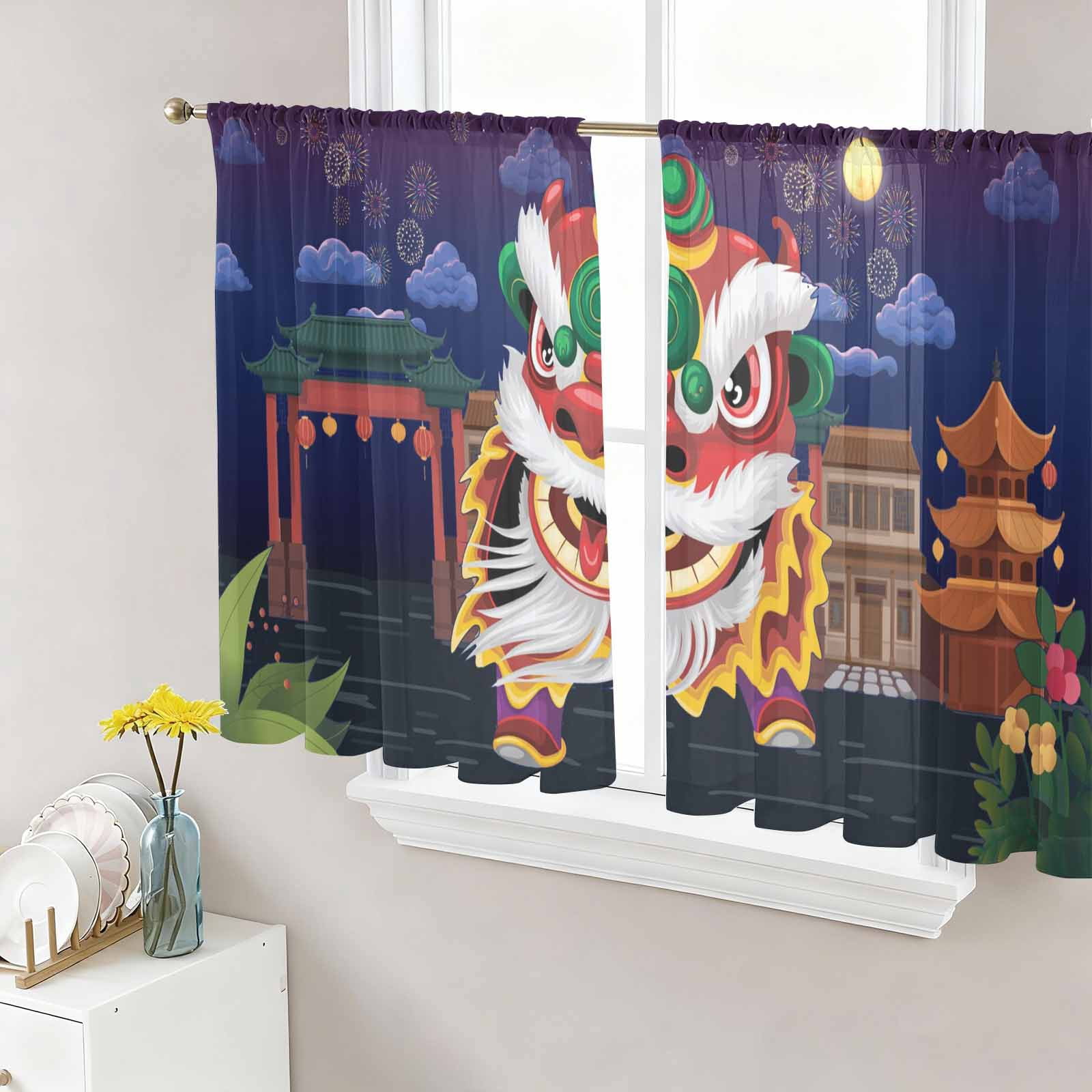 Chinese Lion Dance Sheer Curtains 45 Inch Length 2 Panels Set, Rustic ...