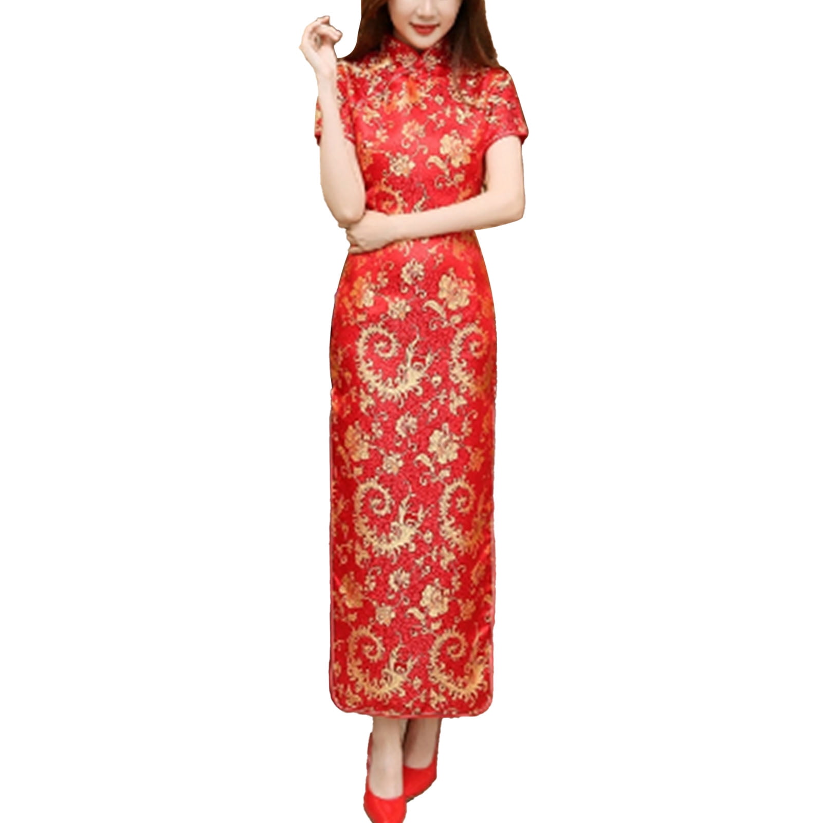 Chinese Long Cheongsam Short Sleeve Side Slit Stand Collar Button ...