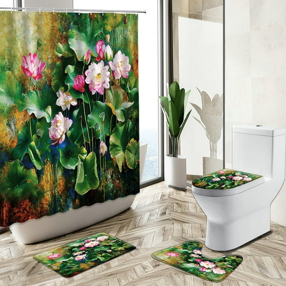 Chinese Lotus Flower Shower Curtain Zen Ink Landscape Painting Art Home ...