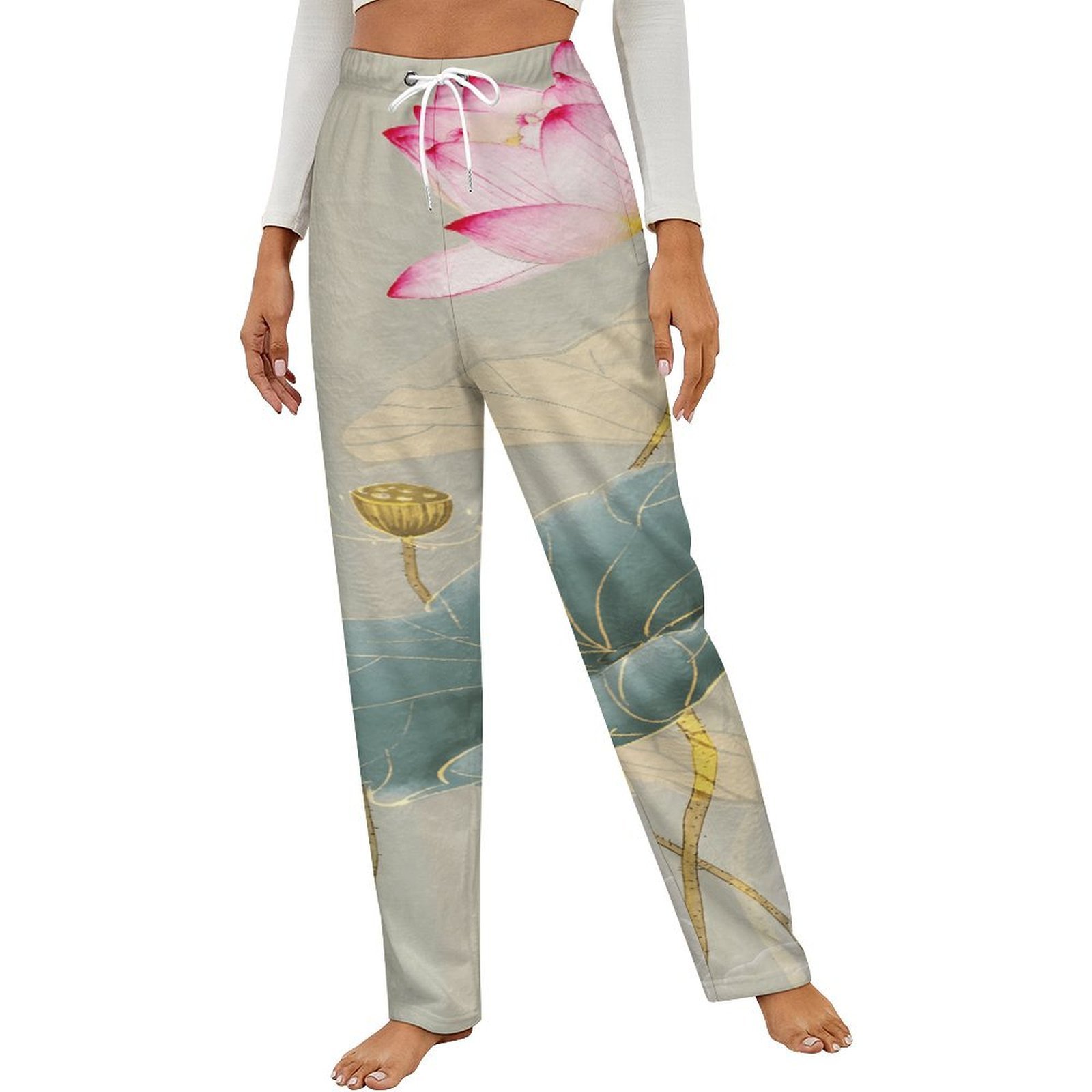 Chinese Lotus Winter Female Pants Flannel High Waist Women Pants Lady ...