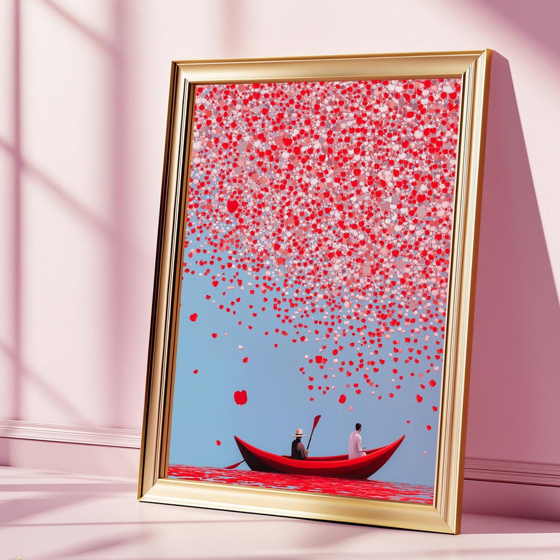 Chinese Man On Boat Throwing Cherry Blossoms Oil Painting, Vintage ...