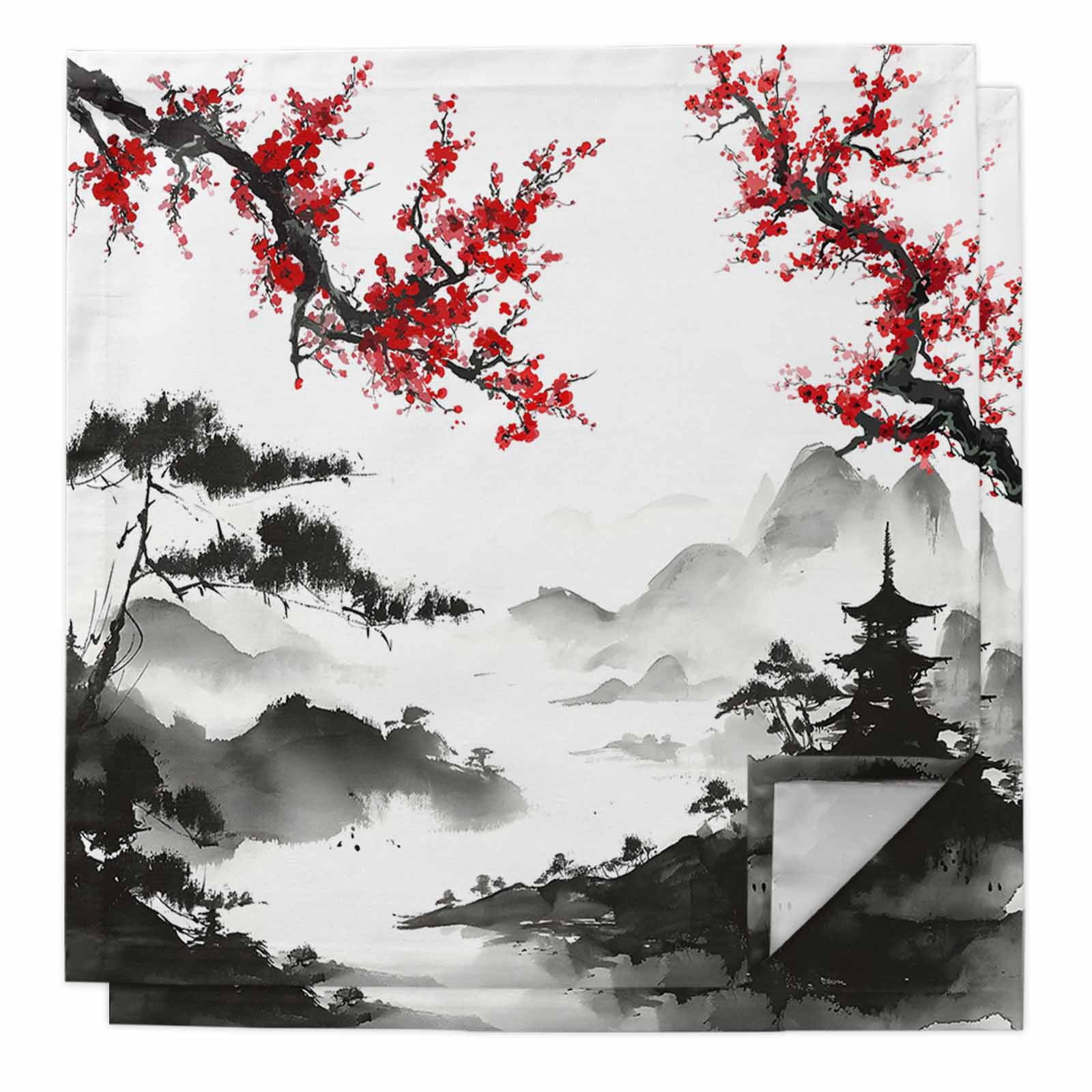 Chinese Mountain Cloth Napkins, Landscape Painting Red Plum Flowers ...