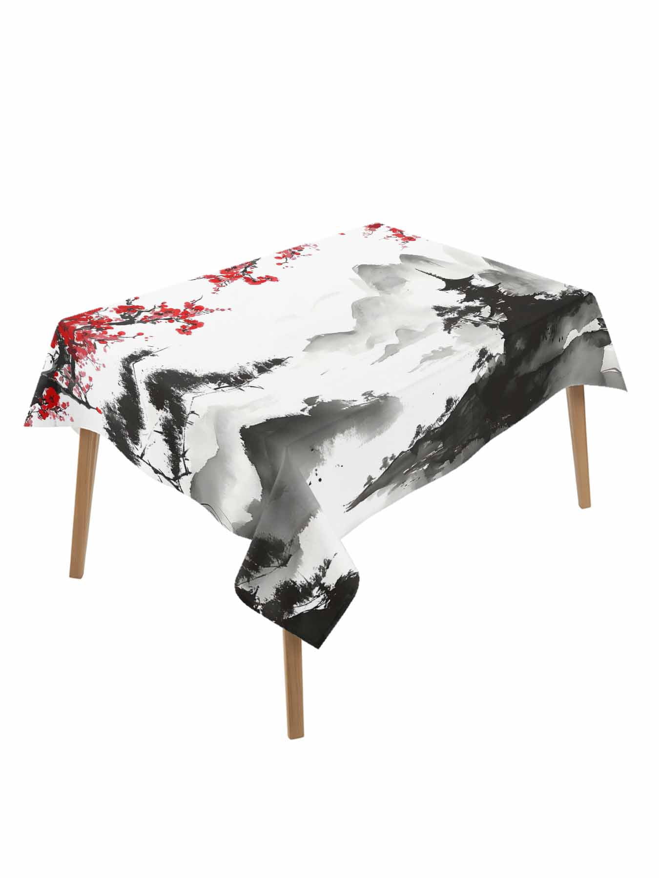 Chinese Mountain Rectangle Tablecloth, Landscape Painting Red Plum ...