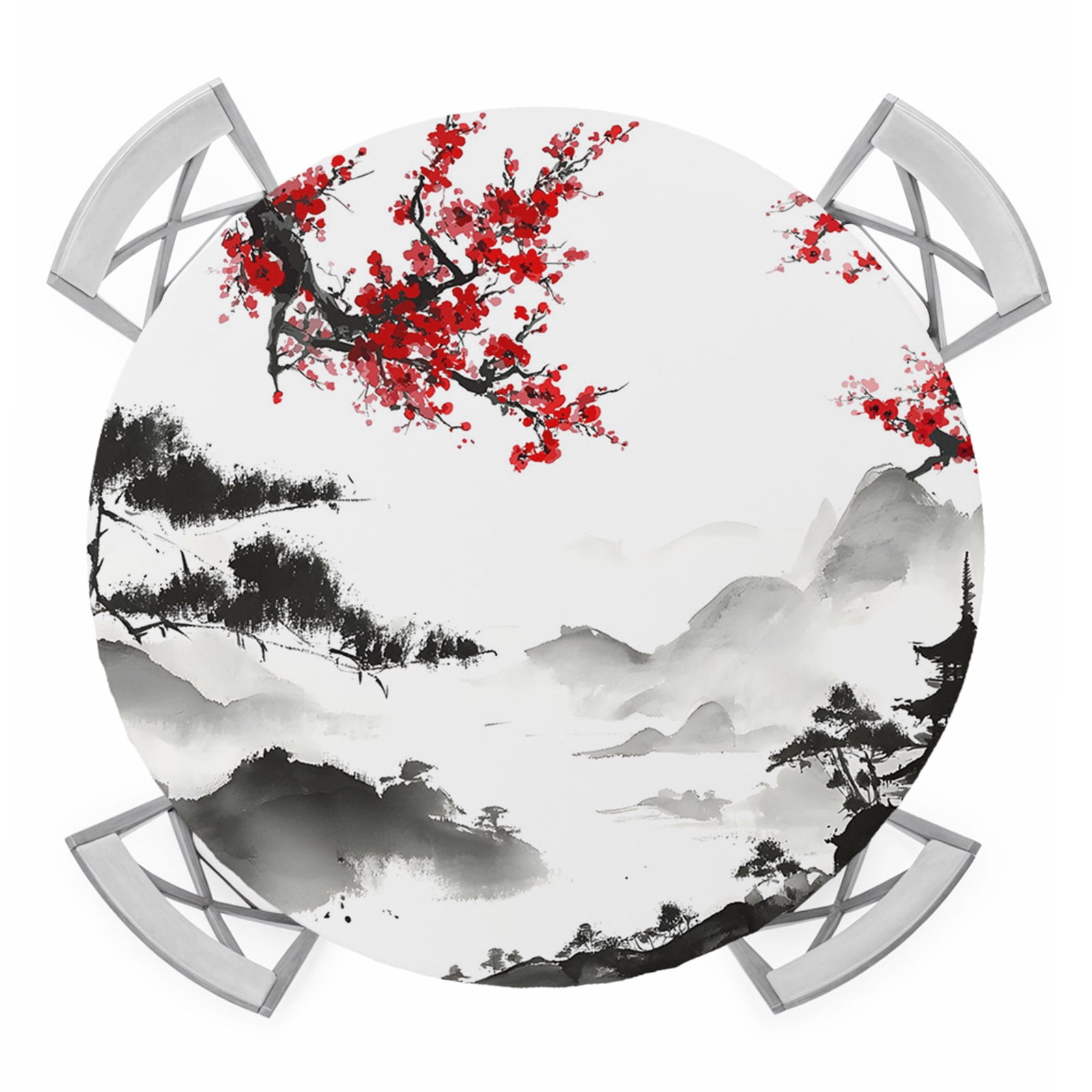Chinese Mountain Round Tablecloth for 36-44 Inch Tables,Fitted Table ...
