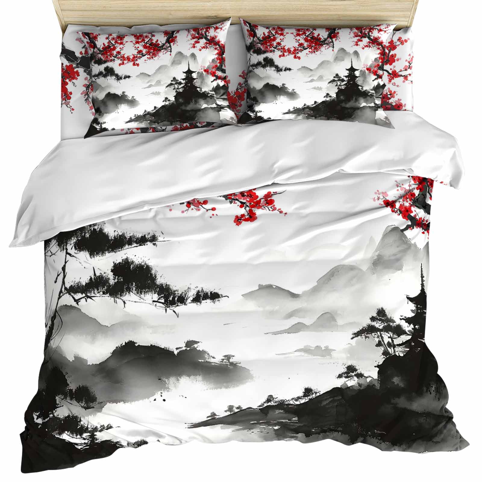 Chinese Mountain Set of 4 Bedding Quilt Covers, Landscape Painting Red ...