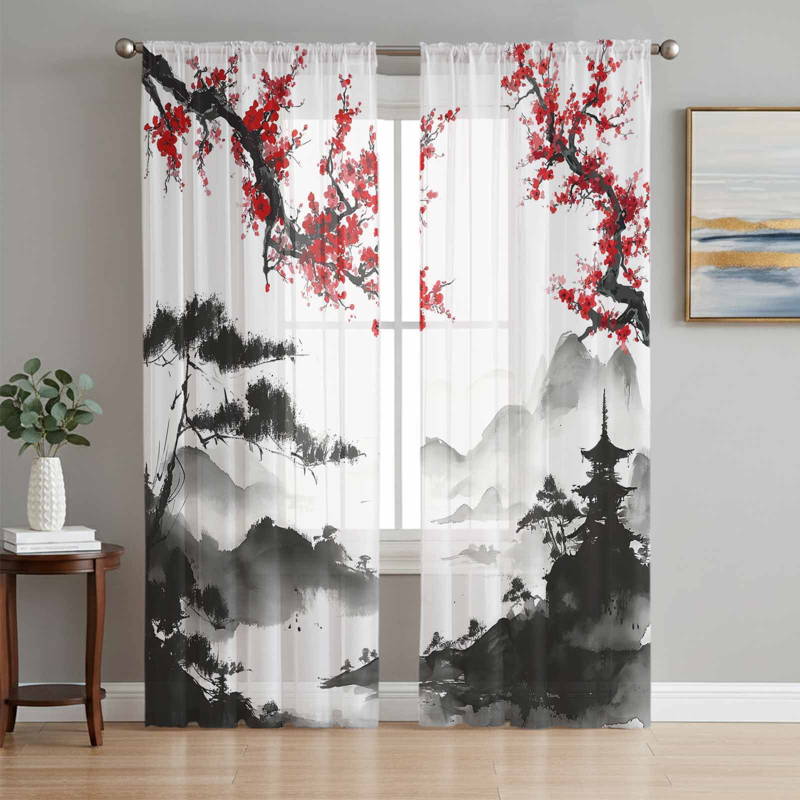 Chinese Mountain Sheer Curtains 108 Inch Length 2 Panels for Living ...