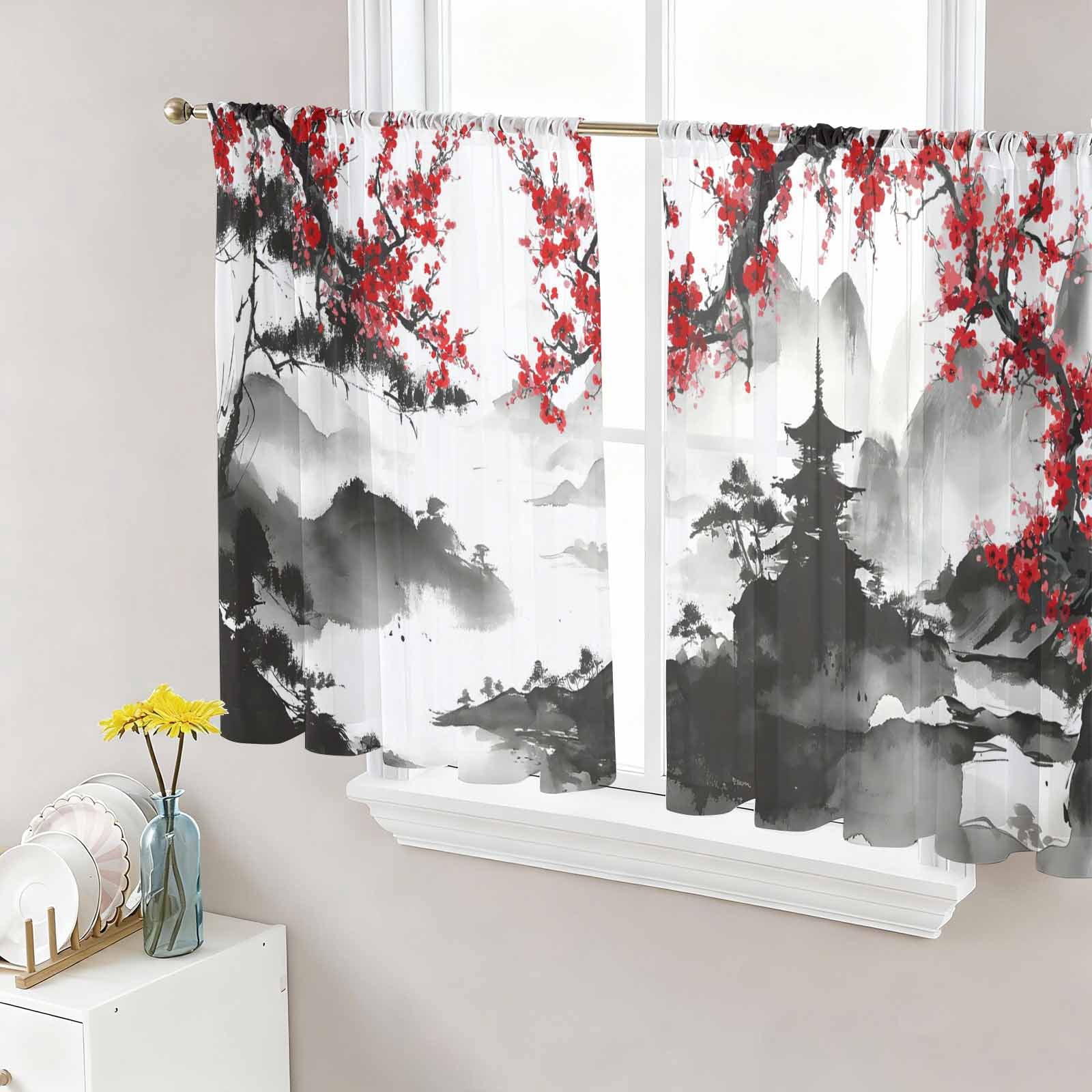Chinese Mountain Sheer Curtains 45 Inches Length 2 Panels Set, Window ...