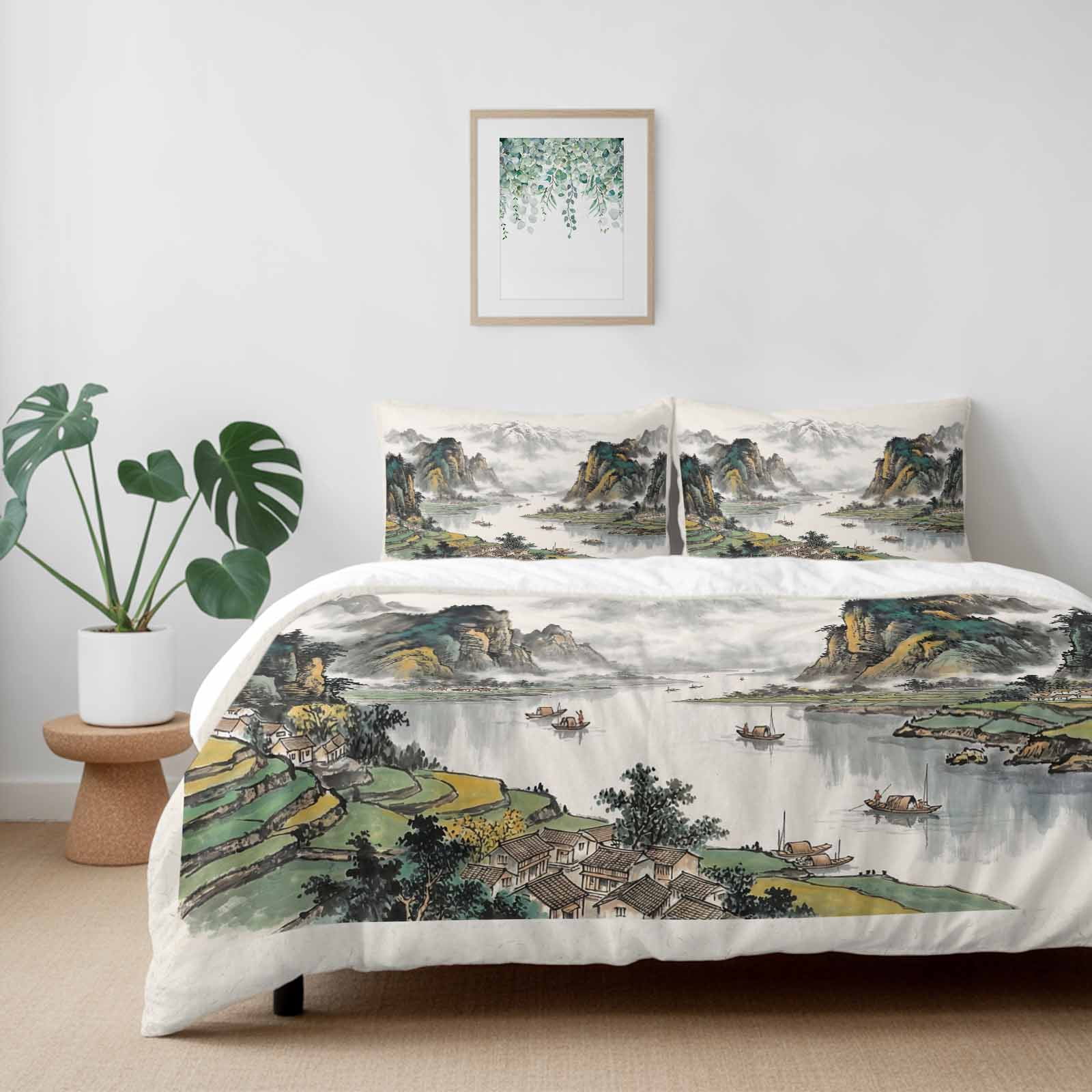 Chinese Mountains Trees Sailboats California King Size Bed Set,Ink ...