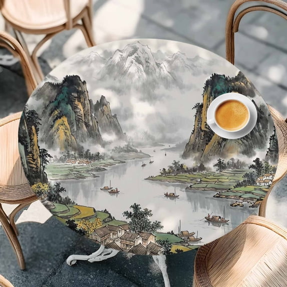 Chinese Mountains Trees Sailboats Round Fitted Tablecloth with Elastic ...