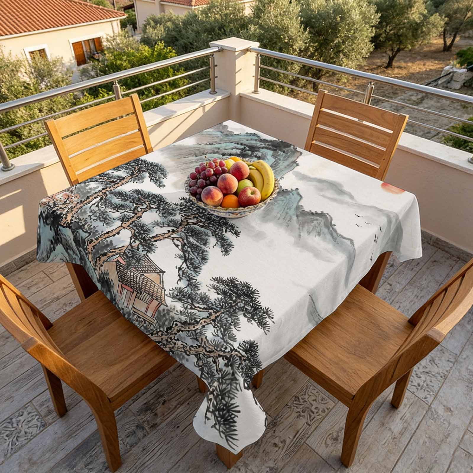 Chinese Mountains Trees Sun Sailboats Table Cloth 60x60in, Waterproof ...