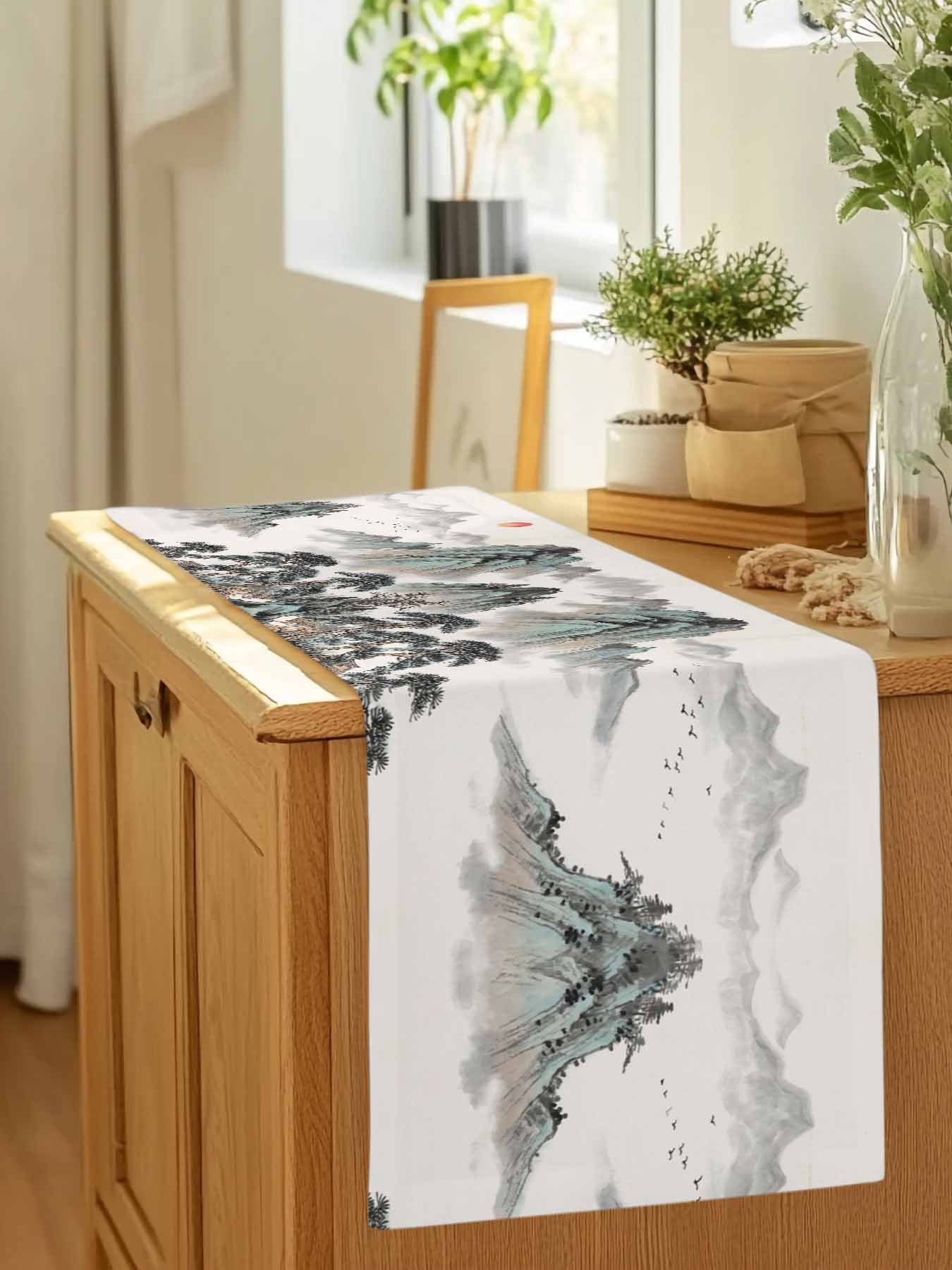 Chinese Mountains Trees Sun Sailboats Table Runner 36 Inches Long ...