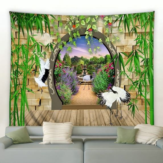 Chinese Natural Scenery Tapestry Retro Style 3D Arch Door Green Bamboo ...