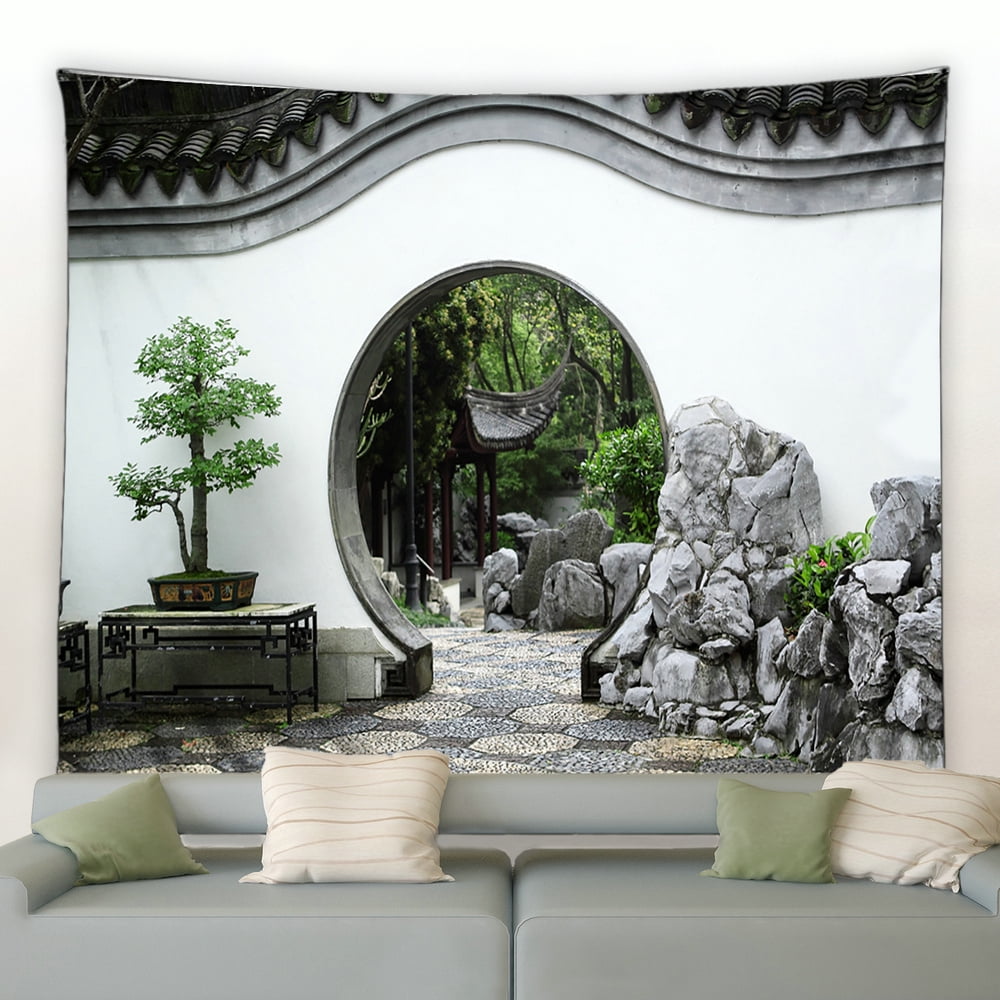 Chinese Natural Scenery Tapestry Retro Style 3D Arch Door Green Bamboo ...