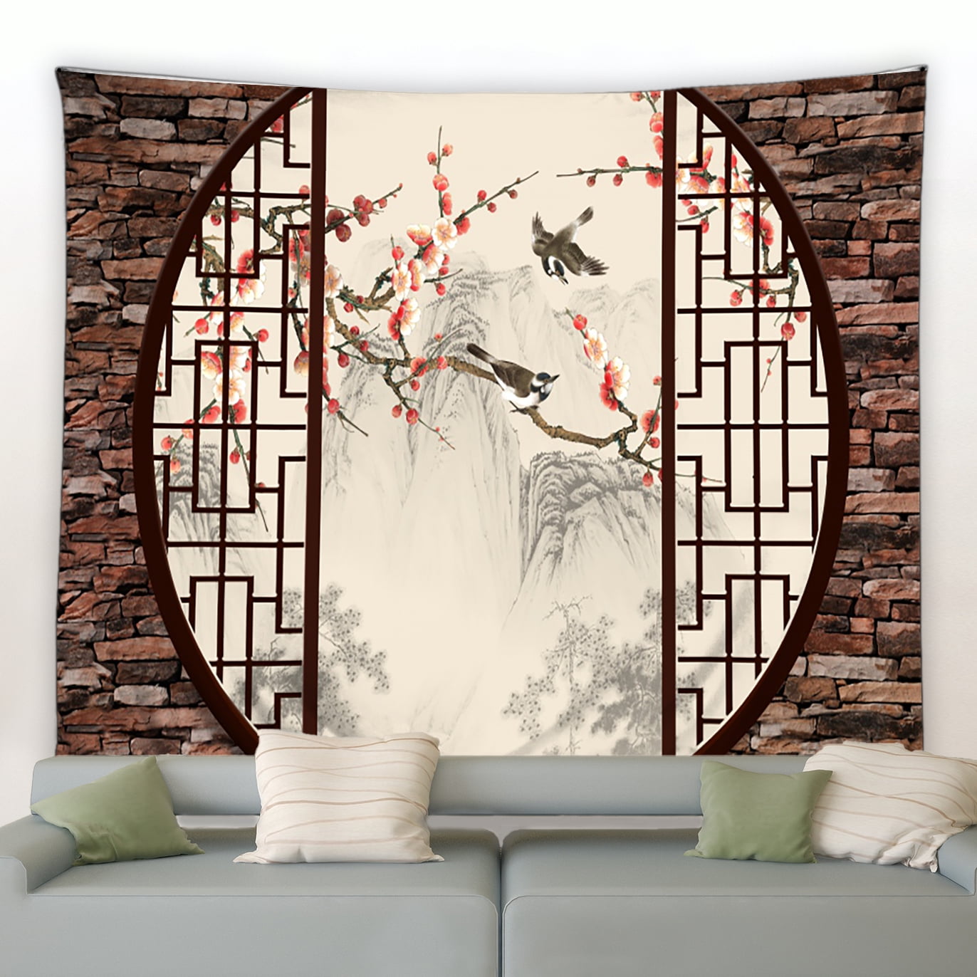 Chinese Natural Scenery Tapestry Retro Style 3D Arch Door Green Bamboo ...