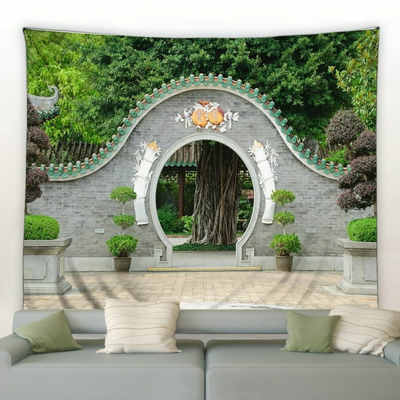Chinese Natural Scenery Tapestry Retro Style 3D Arch Door Green Bamboo ...