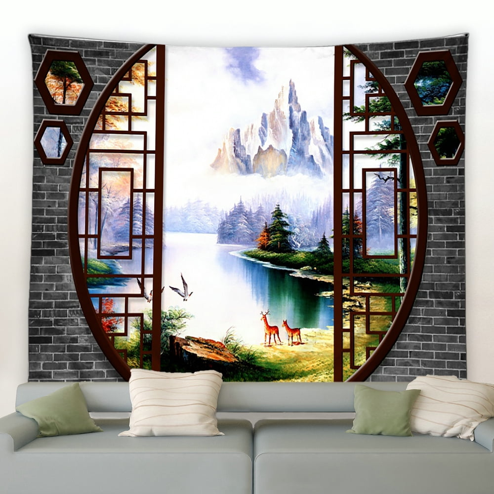 Chinese Natural Scenery Tapestry Retro Style 3D Arch Door Green Bamboo ...