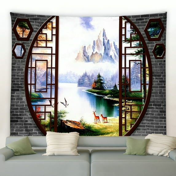 Chinese Natural Scenery Tapestry Retro Style 3D Arch Door Green Bamboo ...