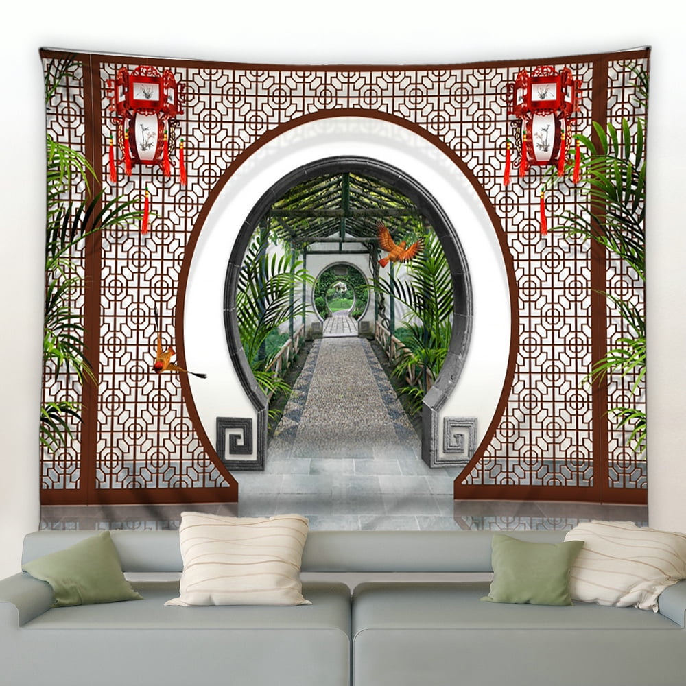 Chinese Natural Scenery Tapestry Retro Style 3D Arch Door Green Bamboo ...
