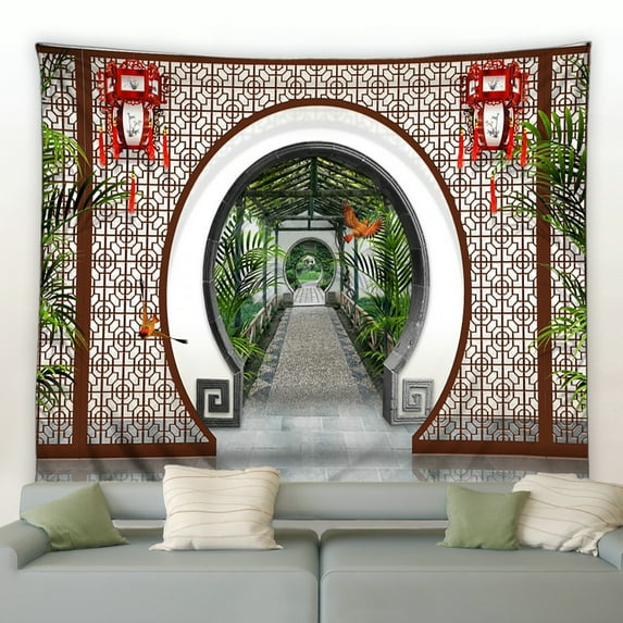 Chinese Natural Scenery Tapestry Retro Style 3D Arch Door Green Bamboo ...