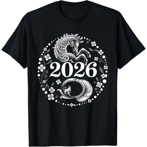 Chinese New Year 2026 Horse T-Shirt | Black Floral Design for Lunar New ...