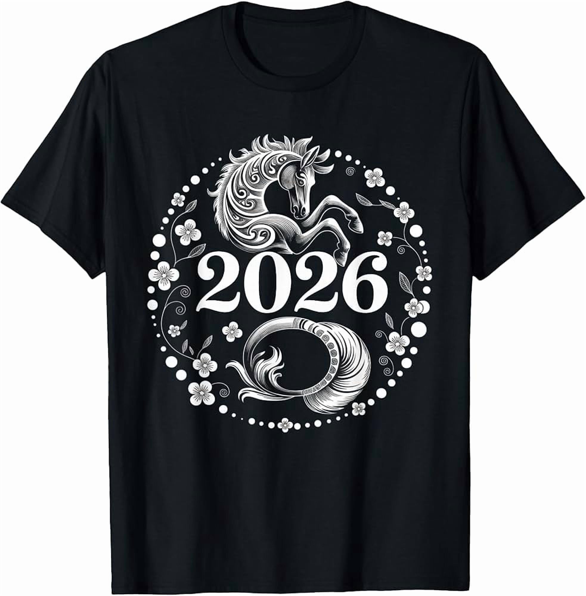 Chinese New Year 2026 Horse T-Shirt | Black Floral Design for Lunar New ...