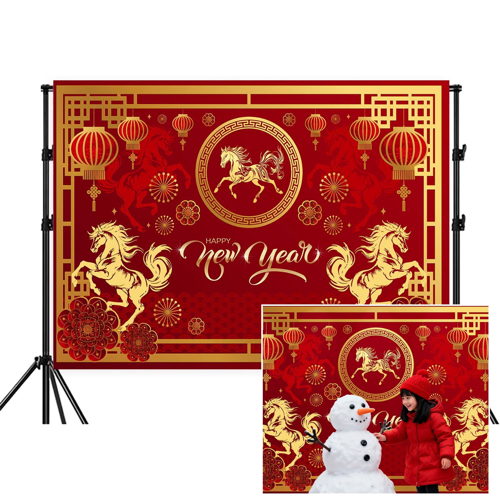 Chinese New Year Backdrop,Year of The Horse Spring Festival Red Gold ...
