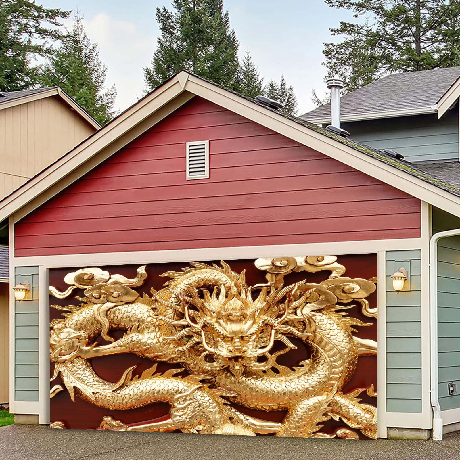 Chinese New Year Golden Five Dragon Garage Banner Design For Good Luck ...