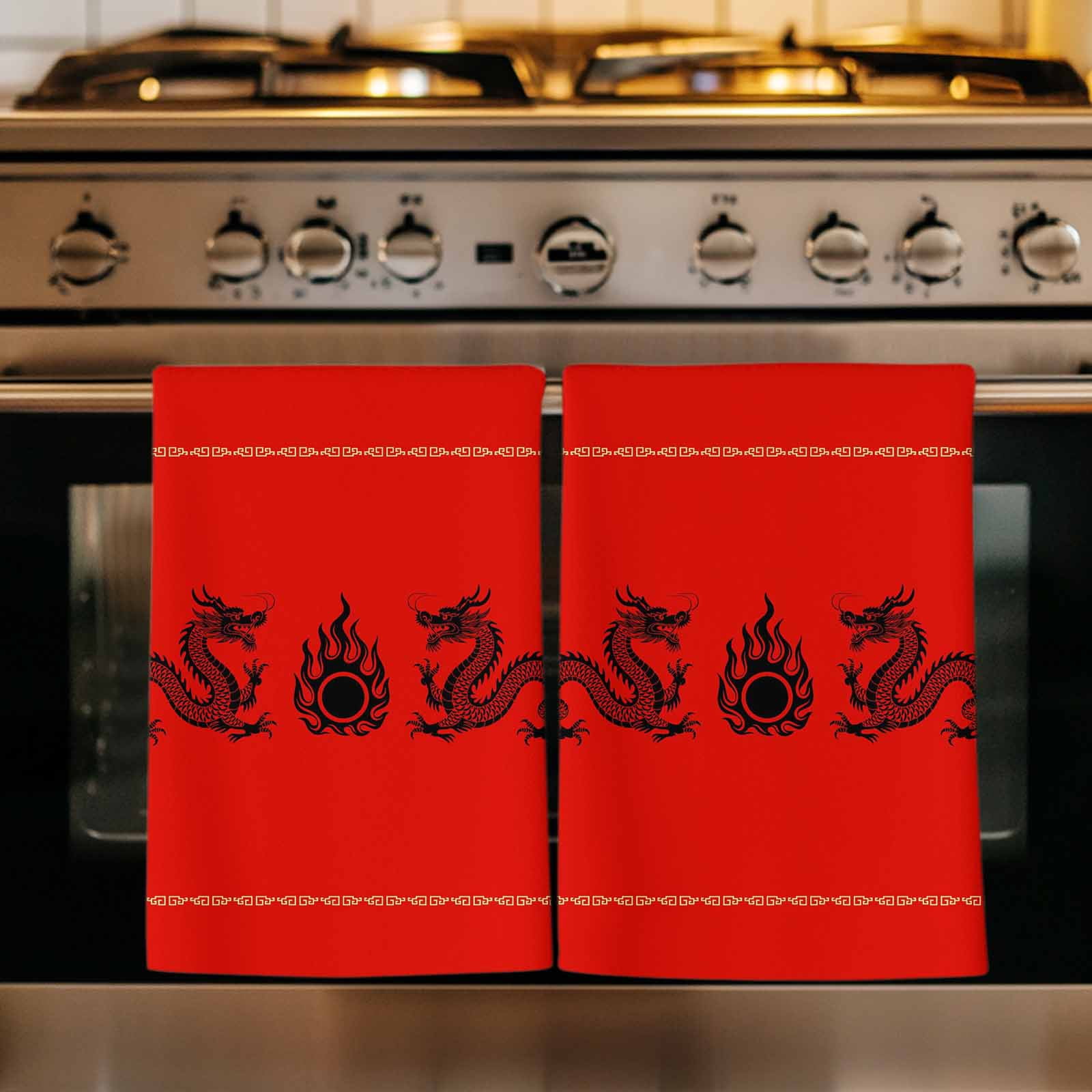 Chinese New Year Kitchen Towels Set of 3, Black Dragon Traditional ...