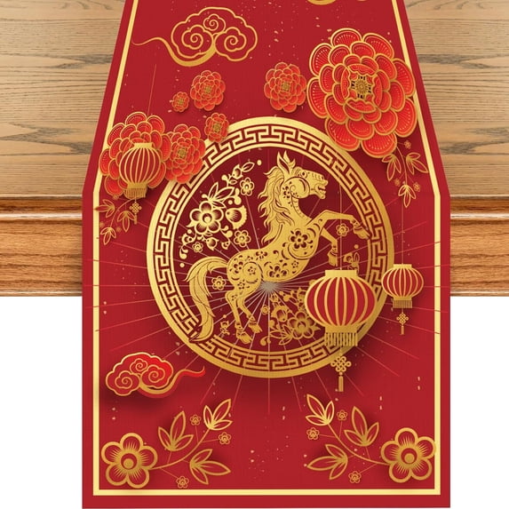 Chinese New Year Table Runner, 2026 Horse Theme Red Gold Linen Table ...