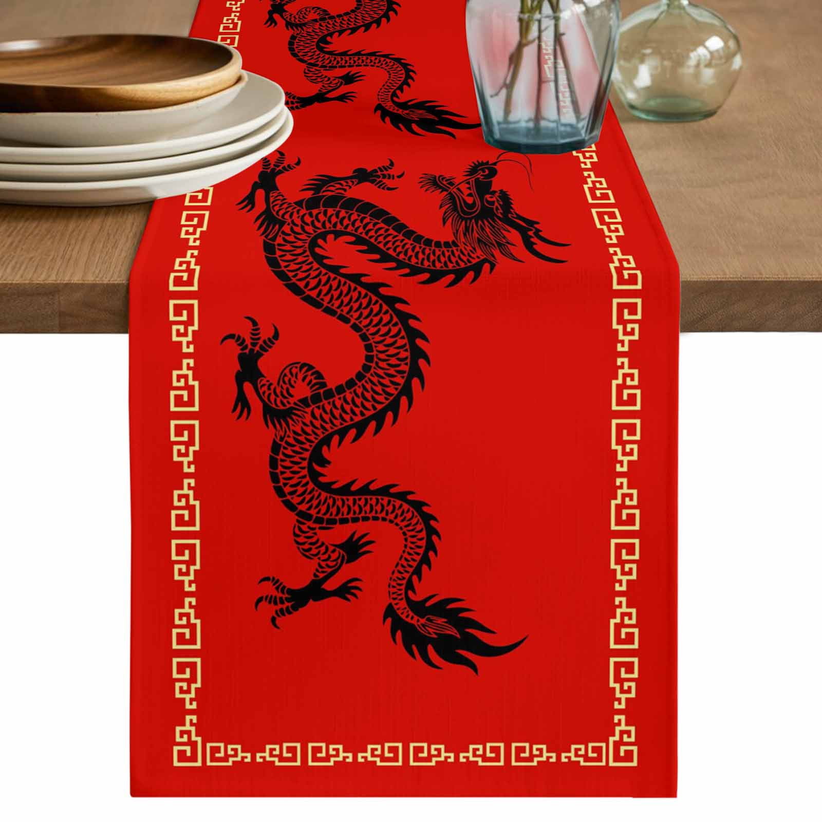 Chinese New Year Table Runner 72 Inches, Black Dragon Traditional ...