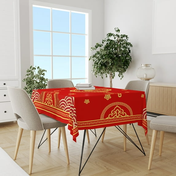Chinese New Year Tablecloth, Red Gold Floral Spillproof Polyester Cover ...