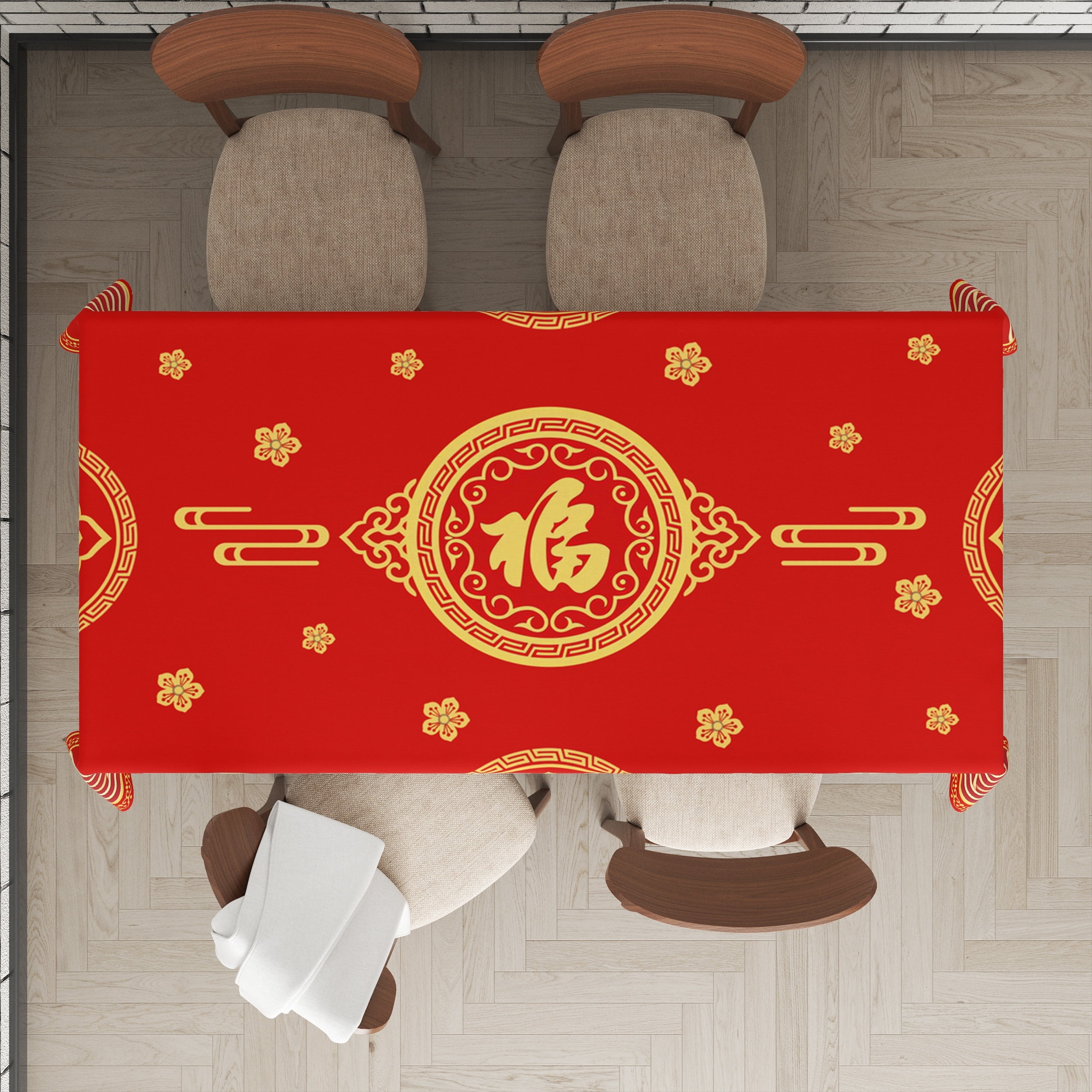 Chinese New Year Tablecloth, Red Gold Floral Spillproof Polyester Cover ...