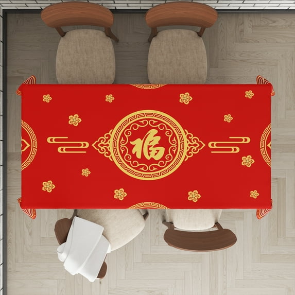 Chinese New Year Tablecloth, Red Gold Floral Spillproof Polyester Cover ...
