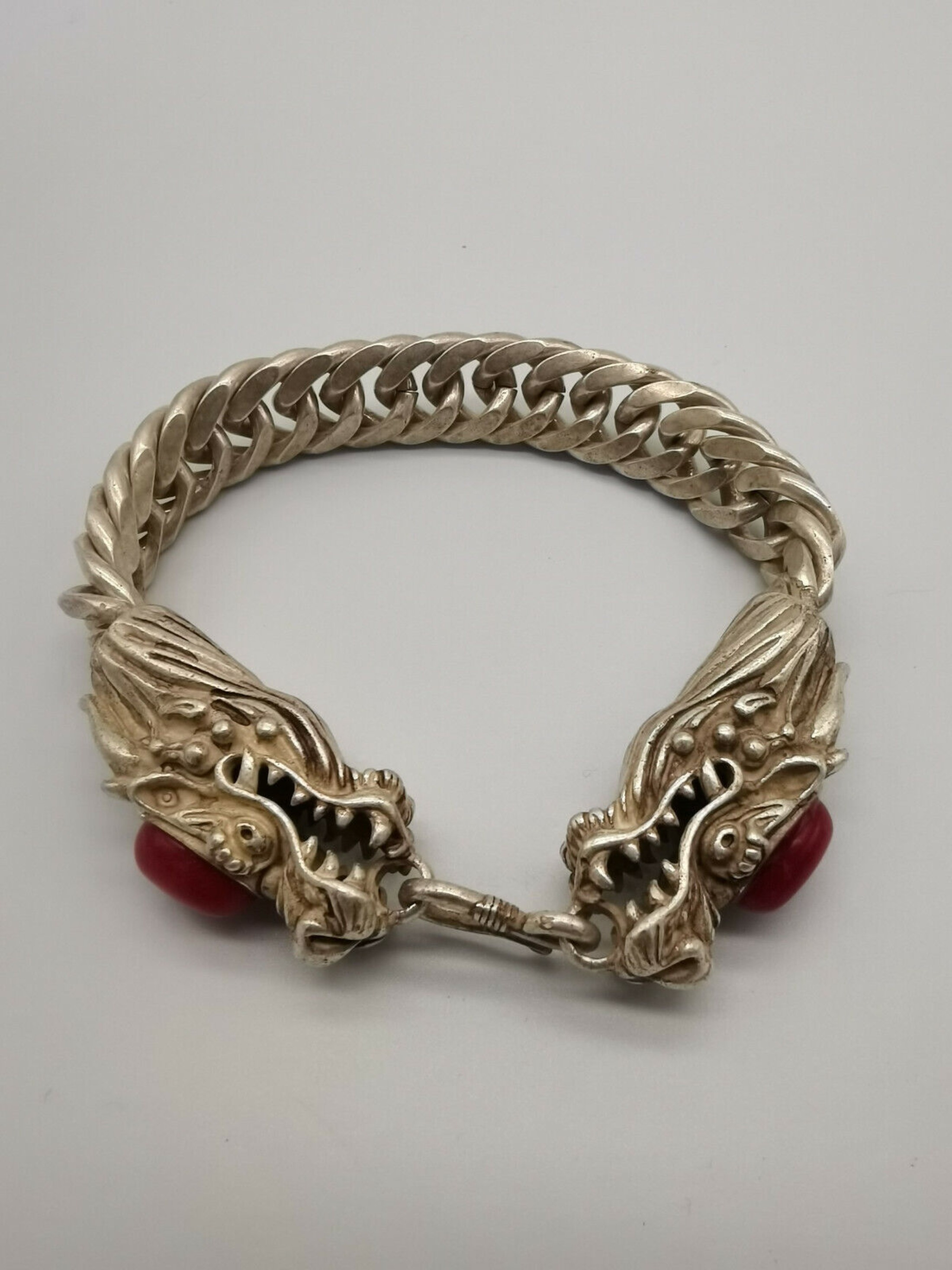 Chinese Old Collection Silver Inlaid Red Jade Dragon Bracelet ...