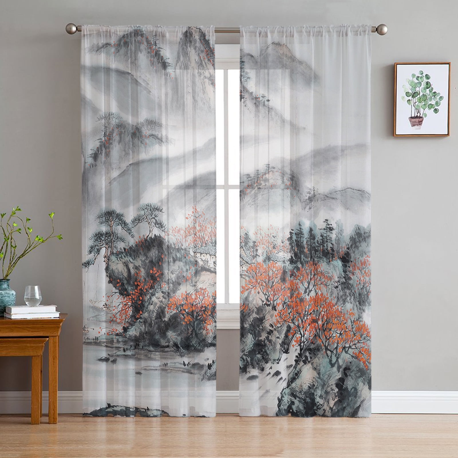 Chinese Painting Forest Flowers Mountain Tulle Curtains for Bedroom ...