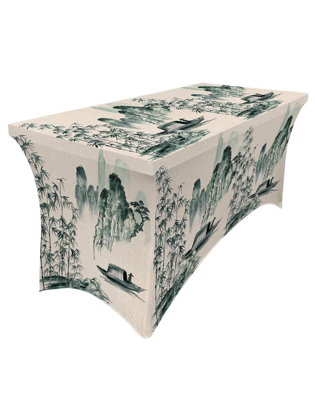 Chinese Painting Landscape Bamboo Boat Rectangular Elastic Table Skirt ...