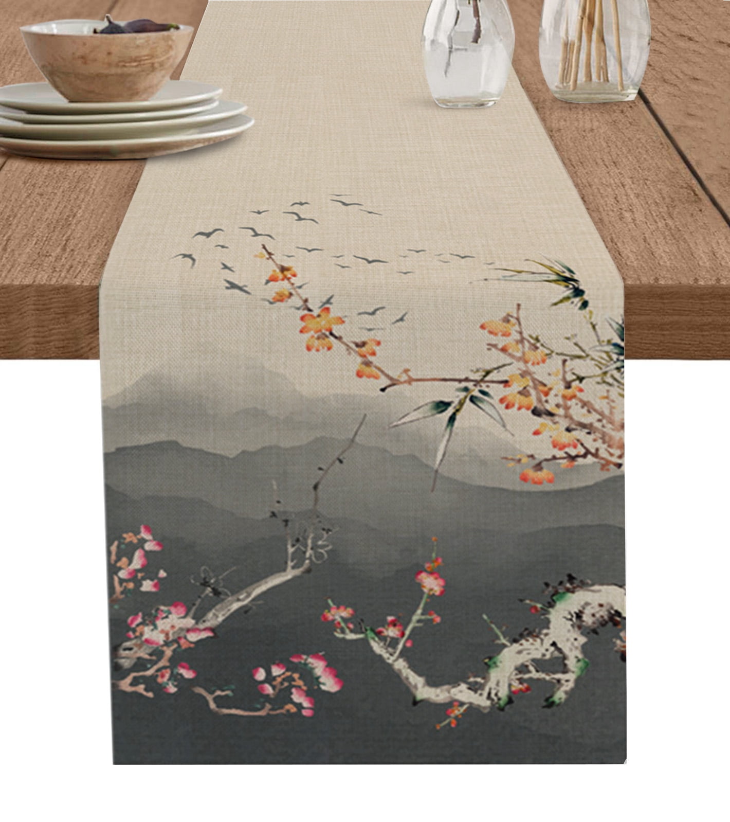 Chinese Painting Plum Blossom Landscape Table Runner Cotton Linen ...