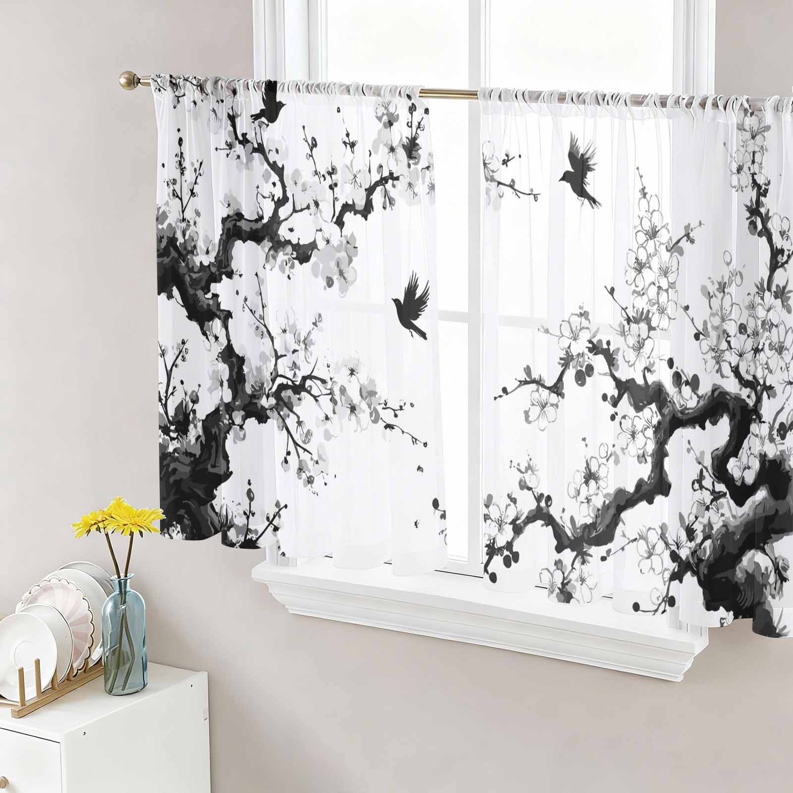 Chinese Painting Sheer Curtains 54 Inch Length 2 Panels for Living Room ...